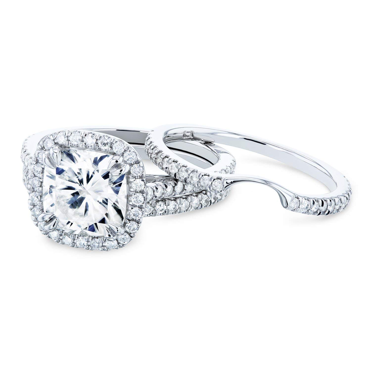 Kobelli Cushion Forever One Moissanite Halo Bridal Rings Set 2 1/2 CTW 14k White Gold (DEF/VS, GH/I), 10.5