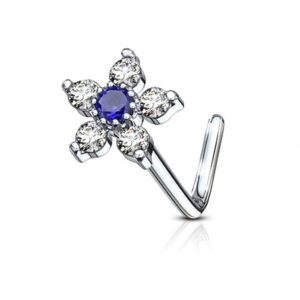 fifth cue 20g 6 cz flower top 316l surgical steel l bend stud nose ring (clear/blue)