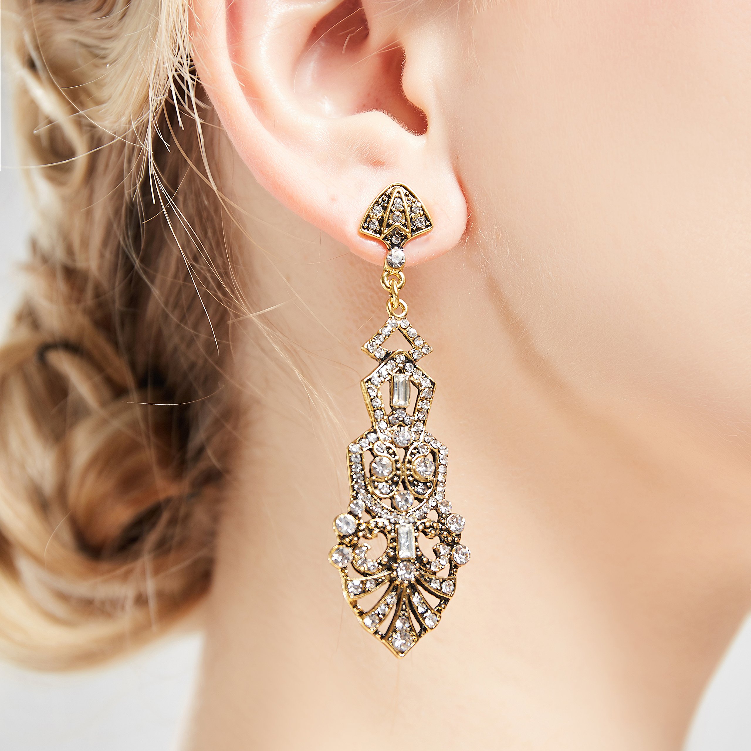 Coucoland 1920s Flapper Earrings Roaring 20s Great Gatsby Rhinestone Earrings (Stly2-Gold)