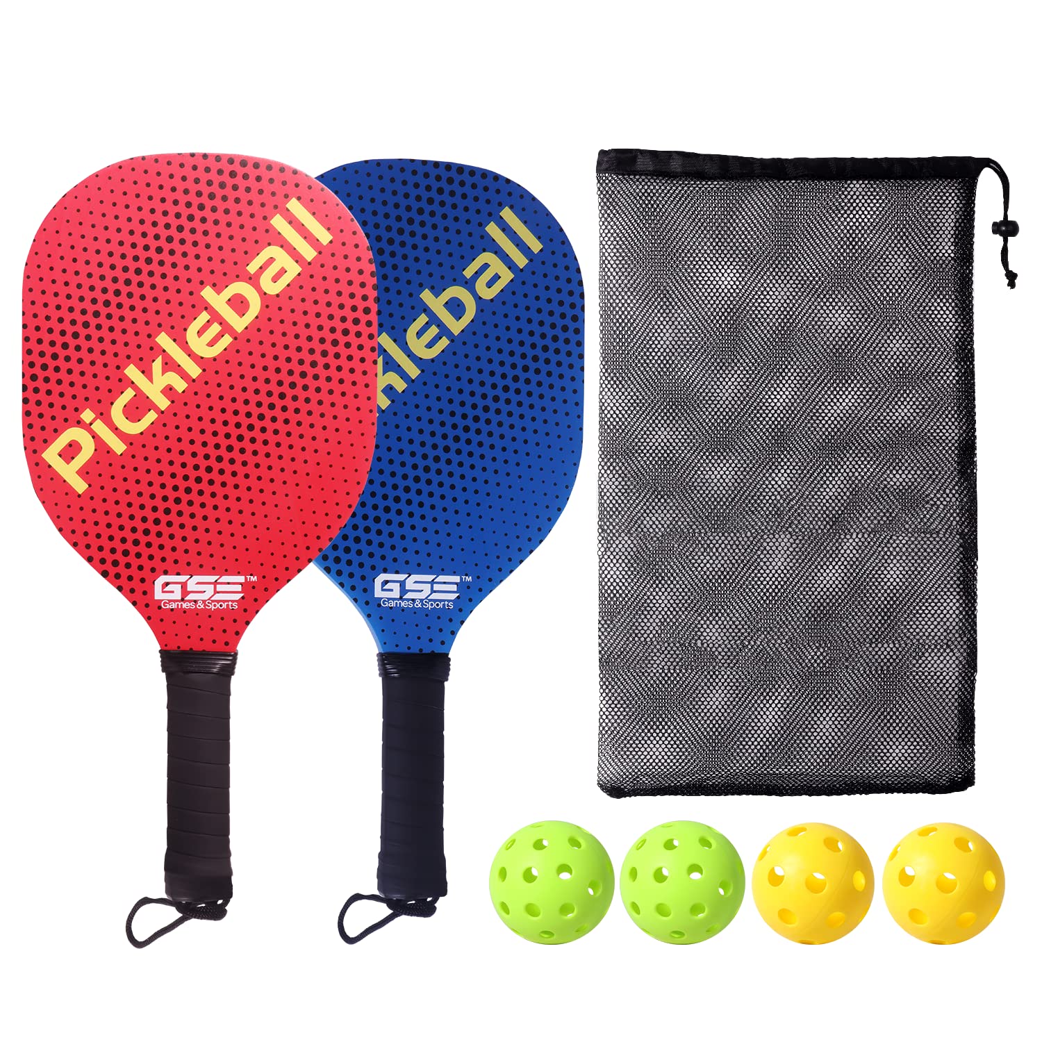 GSE Pickleball Paddles Set with Lightweight Pickleball Rackets & Indoor/Outdoor Pickle-Balls & Mesh Carrying Bag for Adults, Kids, Gifts for Men Women(2 Paddles / 4 Balls)