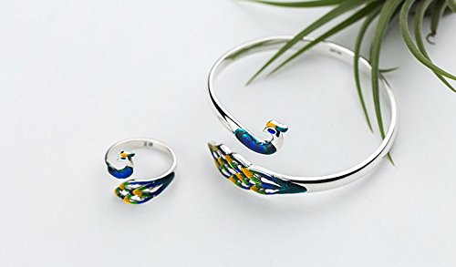 Helen de Lete Coloful Peacock Phoenix Wonder Bird 925 Sterling Silver Open Ring/Bracelet (Bracelet)