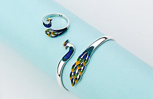 Helen de Lete Coloful Peacock Phoenix Wonder Bird 925 Sterling Silver Open Ring/Bracelet (Bracelet)