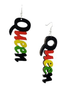 women's afrocentric african text wood dangle pierced earrings, queen/rasta