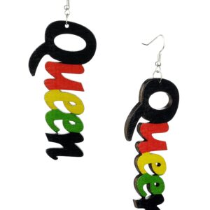 Women's Afrocentric African Text Wood Dangle Pierced Earrings, Queen/Rasta