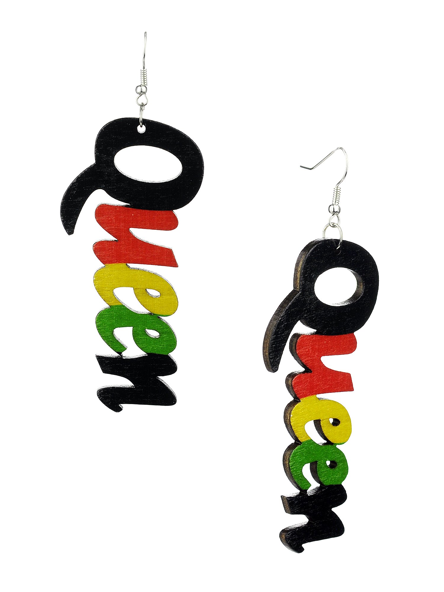 Women's Afrocentric African Text Wood Dangle Pierced Earrings, Queen/Rasta