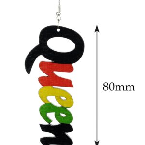 Women's Afrocentric African Text Wood Dangle Pierced Earrings, Queen/Rasta