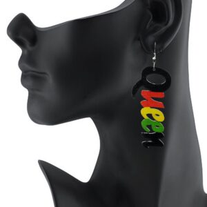 Women's Afrocentric African Text Wood Dangle Pierced Earrings, Queen/Rasta