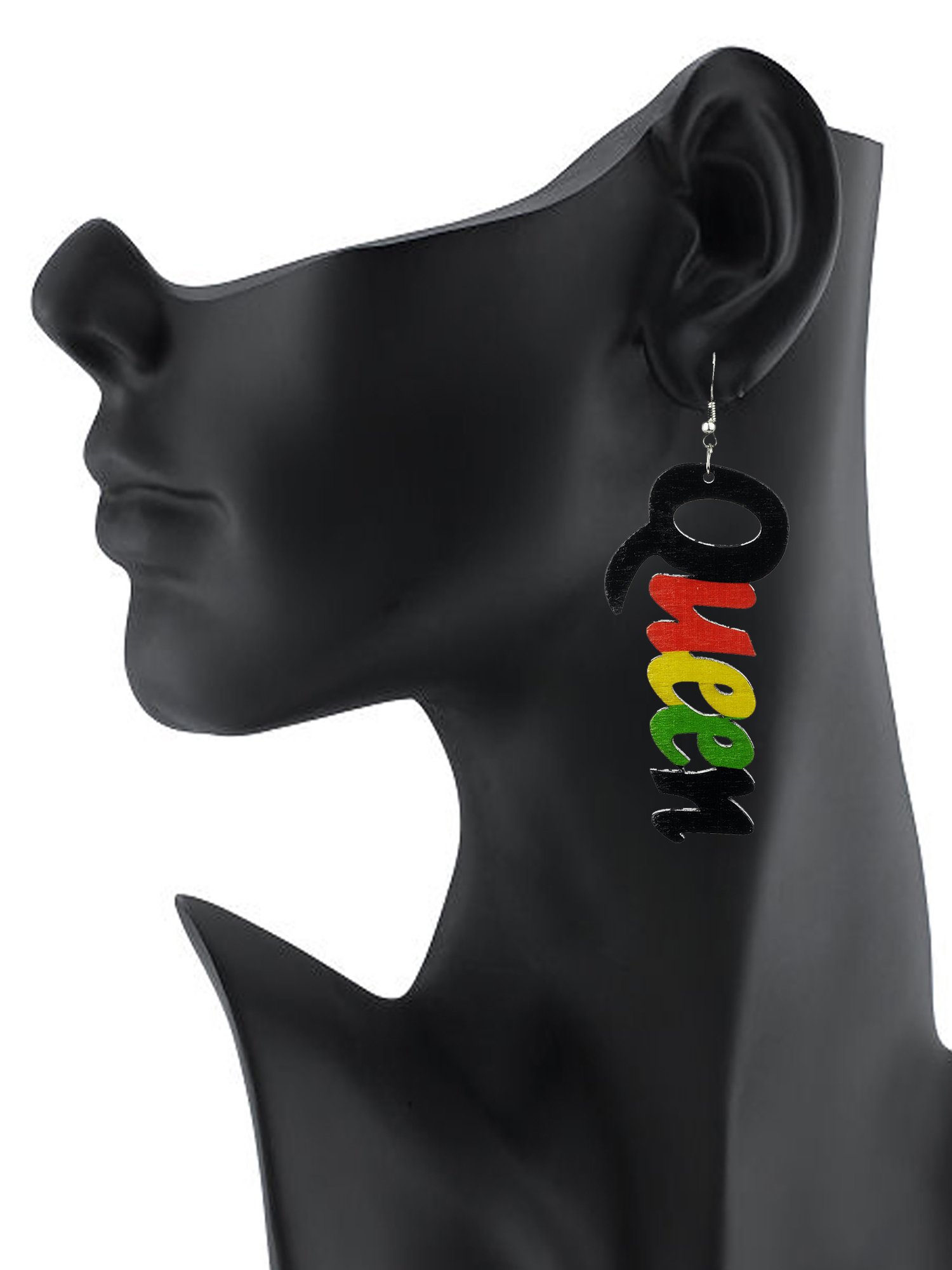 Women's Afrocentric African Text Wood Dangle Pierced Earrings, Queen/Rasta