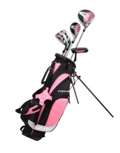 remarkable girls right handed pink junior golf club set for age 9 to 12 (height 4'4" to 5') set includes: driver (15"), hybrid wood (25*), 7, 9 iron, putter, bonus stand bag & 2 headcovers