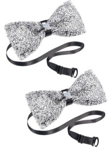 2 pieces rhinestone bow ties banquet bowties men's pre-tied bow ties for wedding and parties (silver)