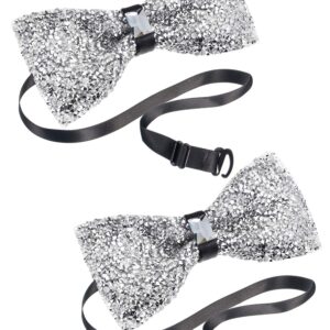 2 Pieces Rhinestone Bow Ties Banquet Bowties Men's Pre-tied Bow Ties for Wedding and Parties (Silver)