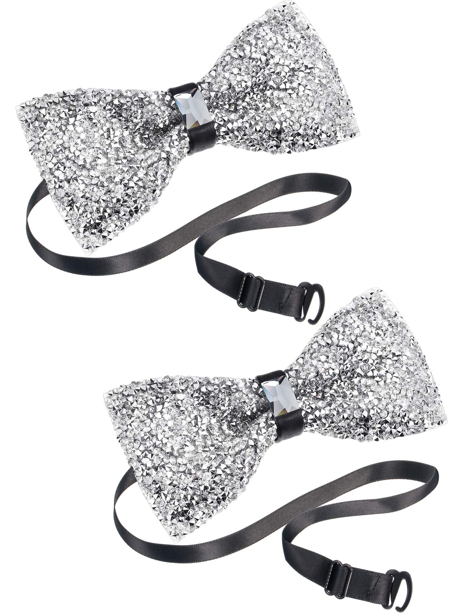 2 Pieces Rhinestone Bow Ties Banquet Bowties Men's Pre-tied Bow Ties for Wedding and Parties (Silver)