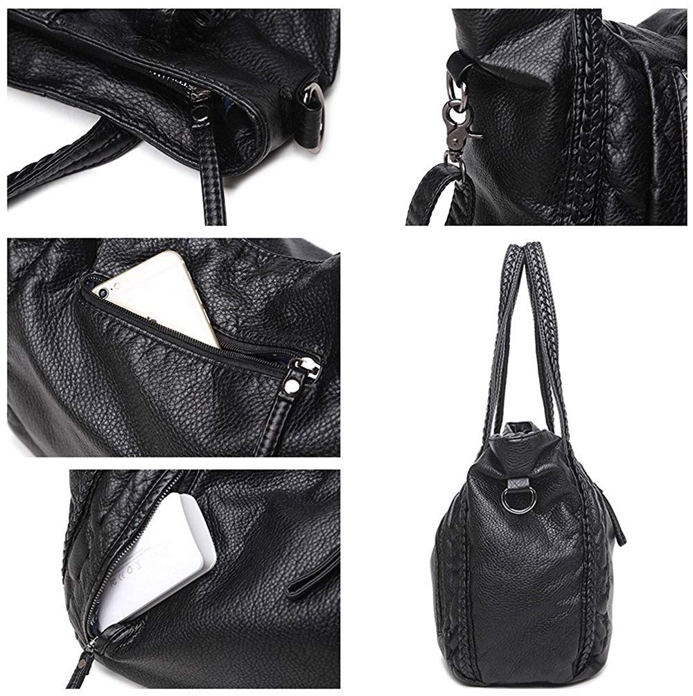 Extra Large Purses for Women Oversized Slouchy Bag Black Handbag Women Multi-pockets Hobo Tote Soft Faux Leather Braided Shoulder Pocketbooks-Black