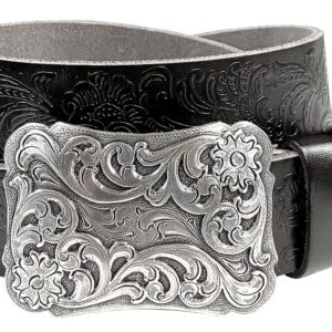 HA0038-BS036-W Cowtown Western Tooled Full Grain Genuine Leather Belt 1 1/2"(38mm) Wide (Black, 34)