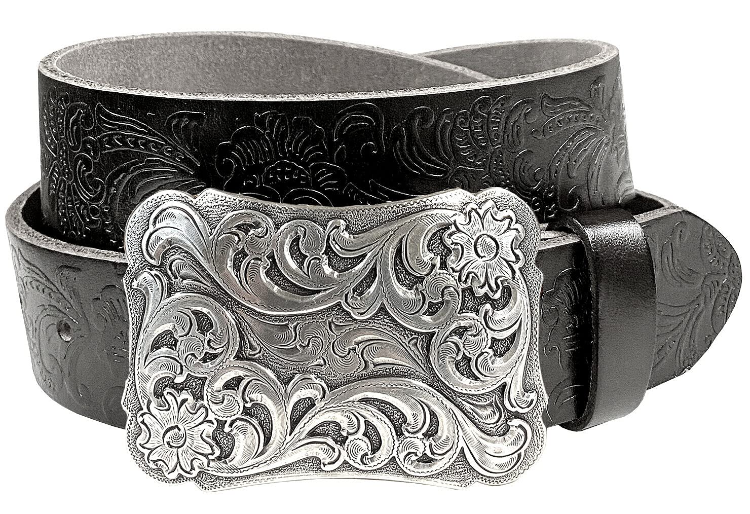 HA0038-BS036-W Cowtown Western Tooled Full Grain Genuine Leather Belt 1 1/2"(38mm) Wide (Black, 34)