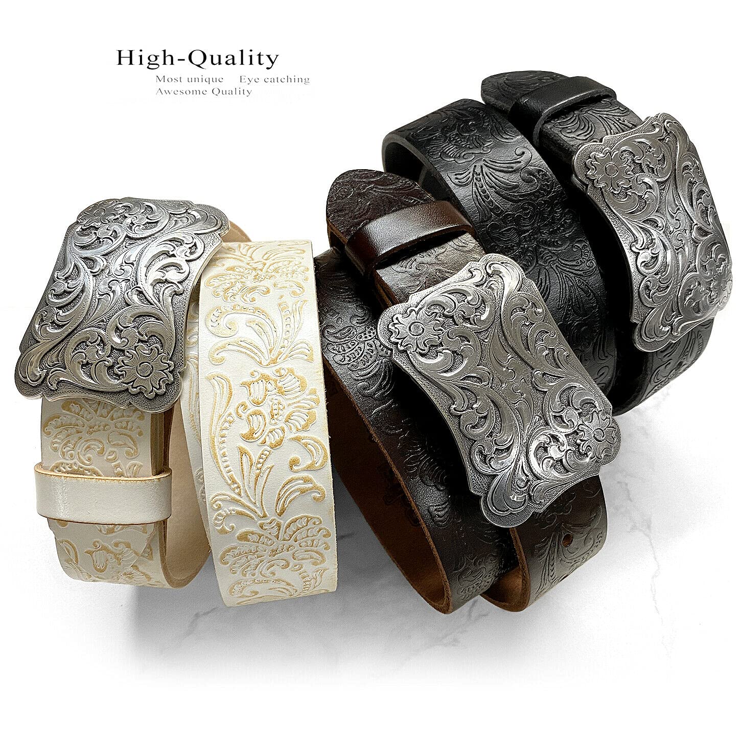 HA0038-BS036-W Cowtown Western Tooled Full Grain Genuine Leather Belt 1 1/2"(38mm) Wide (Black, 34)