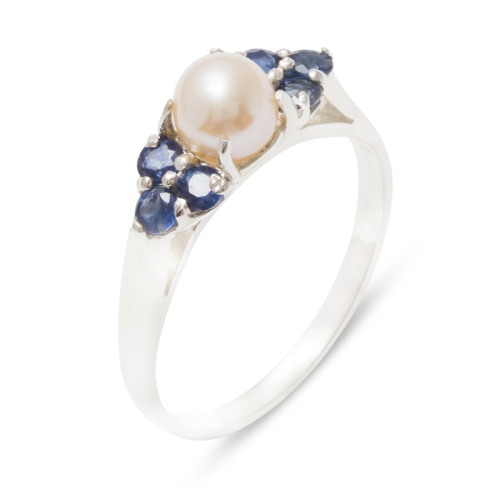 925 Sterling Silver Cultured Pearl & Sapphire Womens Cluster Promise Ring - 9 - Size 9