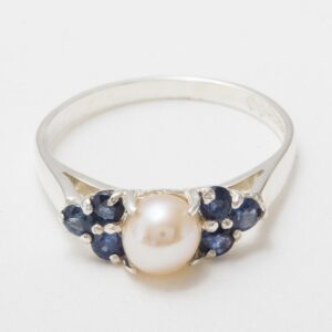 925 Sterling Silver Cultured Pearl & Sapphire Womens Cluster Promise Ring - 9 - Size 9