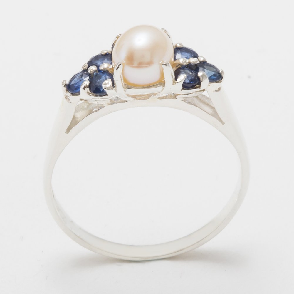 925 Sterling Silver Cultured Pearl & Sapphire Womens Cluster Promise Ring - 9 - Size 9