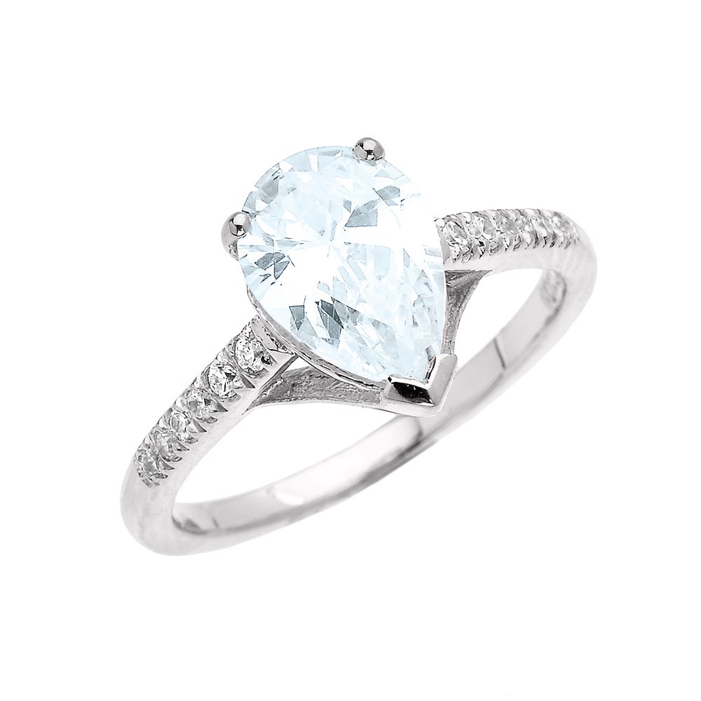 Dainty 14k White Gold Pear Shape Aquamarine and Diamond Solitaire Engagement Proposal Ring (Size 12)