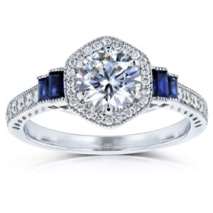 kobelli moissanite sapphire and diamond 6-prong halo art deco ring 1 1/2 ctw 14k white gold (gh/vs, blue, gh/i), 11