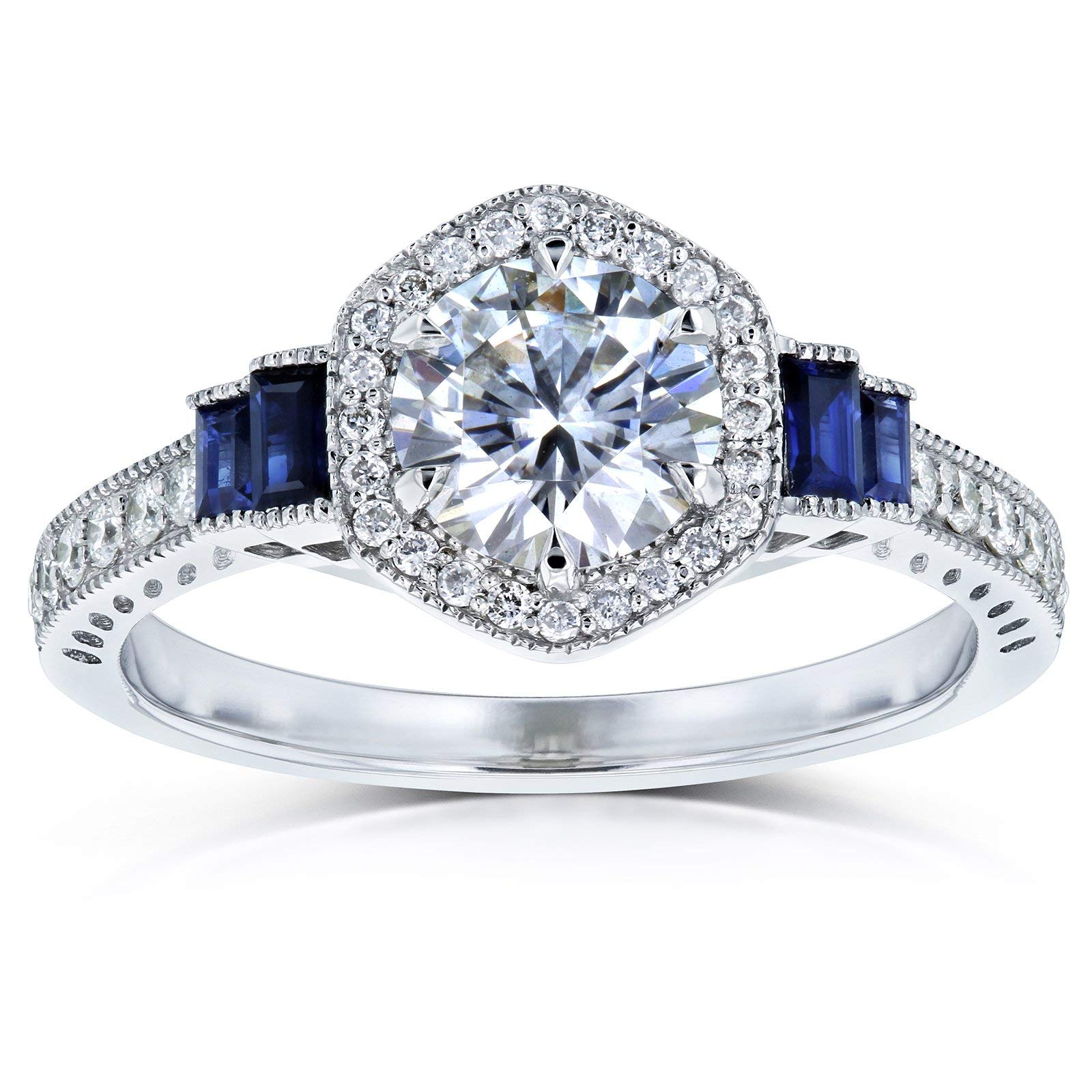 Kobelli Moissanite Sapphire and Diamond 6-prong Halo Art Deco Ring 1 1/2 CTW 14k White Gold (GH/VS, Blue, GH/I), 11