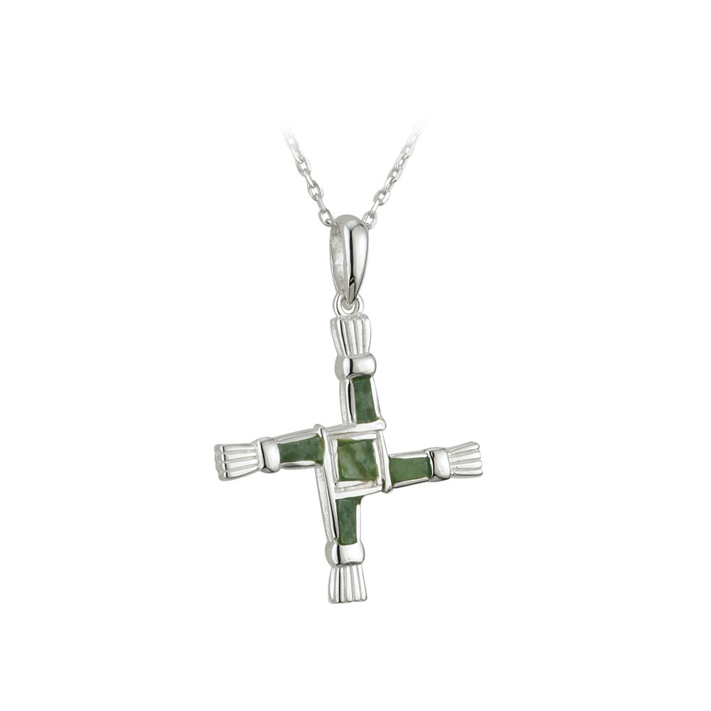 Biddy Murphy Saint Brigid Celtic Cross Pendant Necklace 925 Sterling Silver and Connemara Marble Inlay, Authentic Irish Jewelry Imported from Ireland,18" Length, 7/8" x 1 1/14" Inch