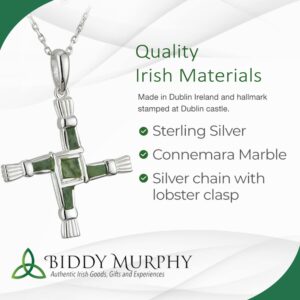 Biddy Murphy Saint Brigid Celtic Cross Pendant Necklace 925 Sterling Silver and Connemara Marble Inlay, Authentic Irish Jewelry Imported from Ireland,18" Length, 7/8" x 1 1/14" Inch