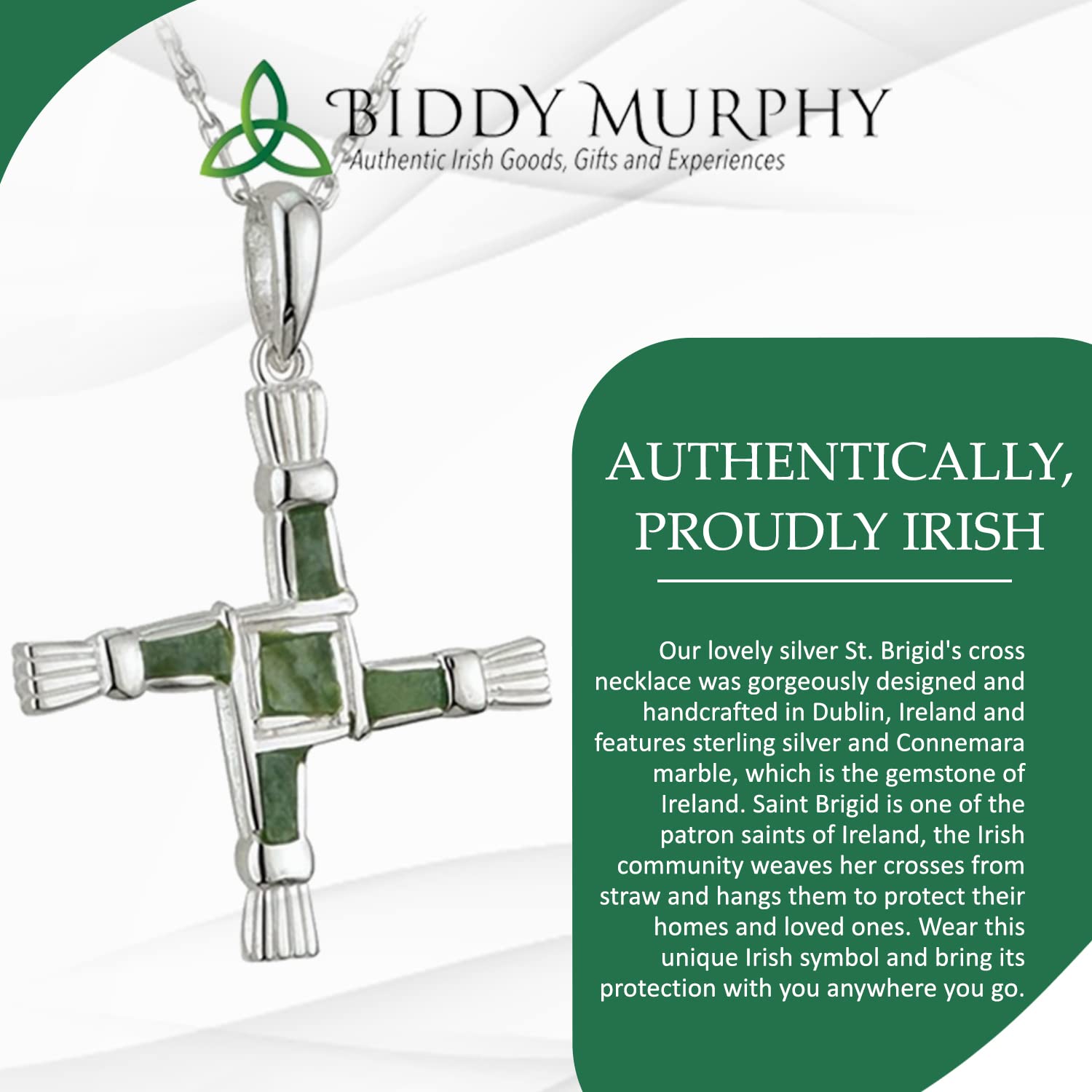 Biddy Murphy Saint Brigid Celtic Cross Pendant Necklace 925 Sterling Silver and Connemara Marble Inlay, Authentic Irish Jewelry Imported from Ireland,18" Length, 7/8" x 1 1/14" Inch