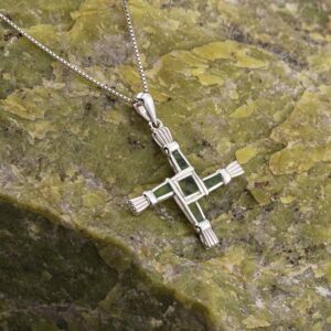 Biddy Murphy Saint Brigid Celtic Cross Pendant Necklace 925 Sterling Silver and Connemara Marble Inlay, Authentic Irish Jewelry Imported from Ireland,18" Length, 7/8" x 1 1/14" Inch