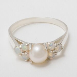 LetsBuyGold 925 Sterling Silver Cultured Pearl & Opal Womens Cluster Ring - 6.5 - Size 6.5