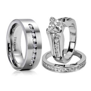 loversring couple ring bridal set his hers women white gold plated cz men titanium wedding ring band set