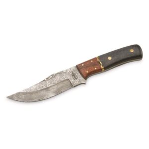 bucknbear sharp custom handmade 1095 rain drop damascus fixed blade hunting knife with leather sheath (micarta/wood handle)