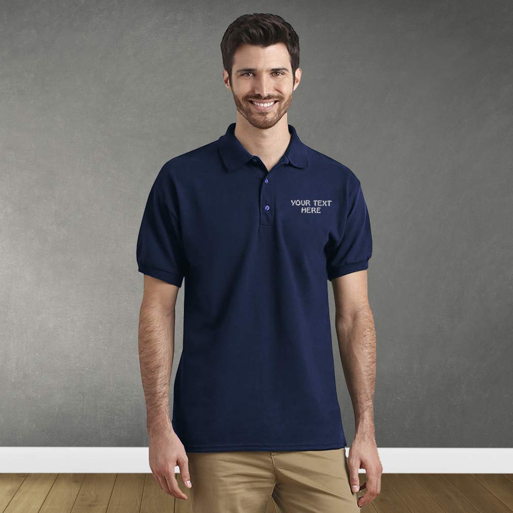 Polo Shirts for Men Custom Personalized Text Cotton Short Sleeves Golf Tees Navy Large