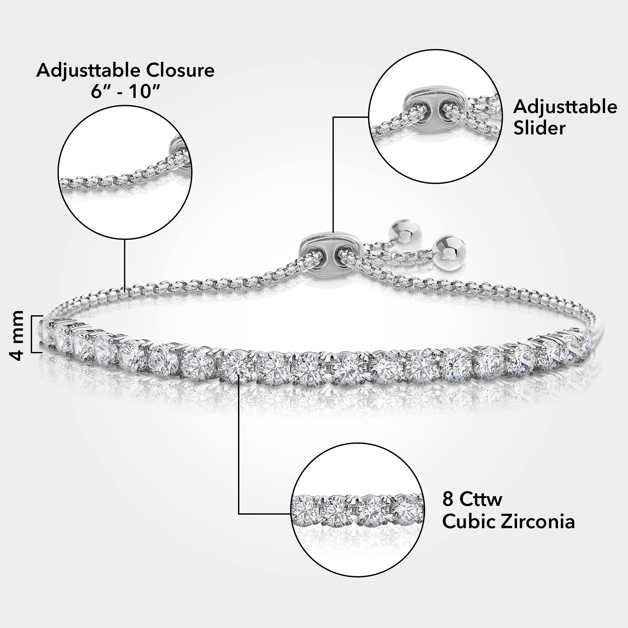 Devin Rose 8 Cttw Cubic Zirconia Adjustable Bolo Bracelet for Women in Rhodium Plated Brass 4mm White