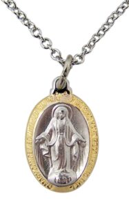 catholic patron saint pendants gold and sterling silver two-toned oval miraculous medal pendant, 5/8 inch