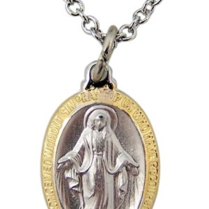 Catholic Patron Saint Pendants Gold and Sterling Silver Two-Toned Oval Miraculous Medal Pendant, 5/8 Inch