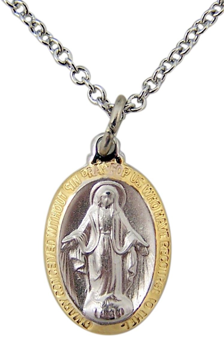 Catholic Patron Saint Pendants Gold and Sterling Silver Two-Toned Oval Miraculous Medal Pendant, 5/8 Inch