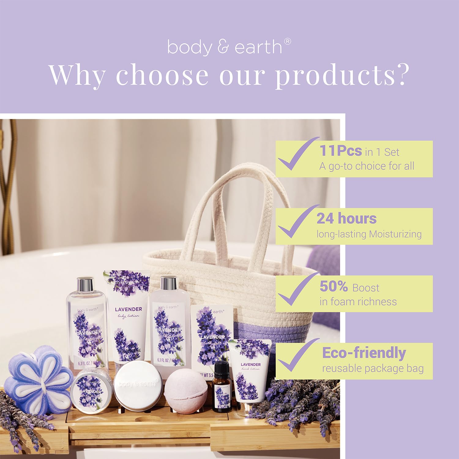 Gift Baskets for Women - Regalos Para Mujer, Body & Earth Gift Sets with Bubble Bath, Shower Gel, Body Lotion, Lavender Spa Gifts for Women, Spa Kit Mom Gifts, Mothers Day Gifts for Mom