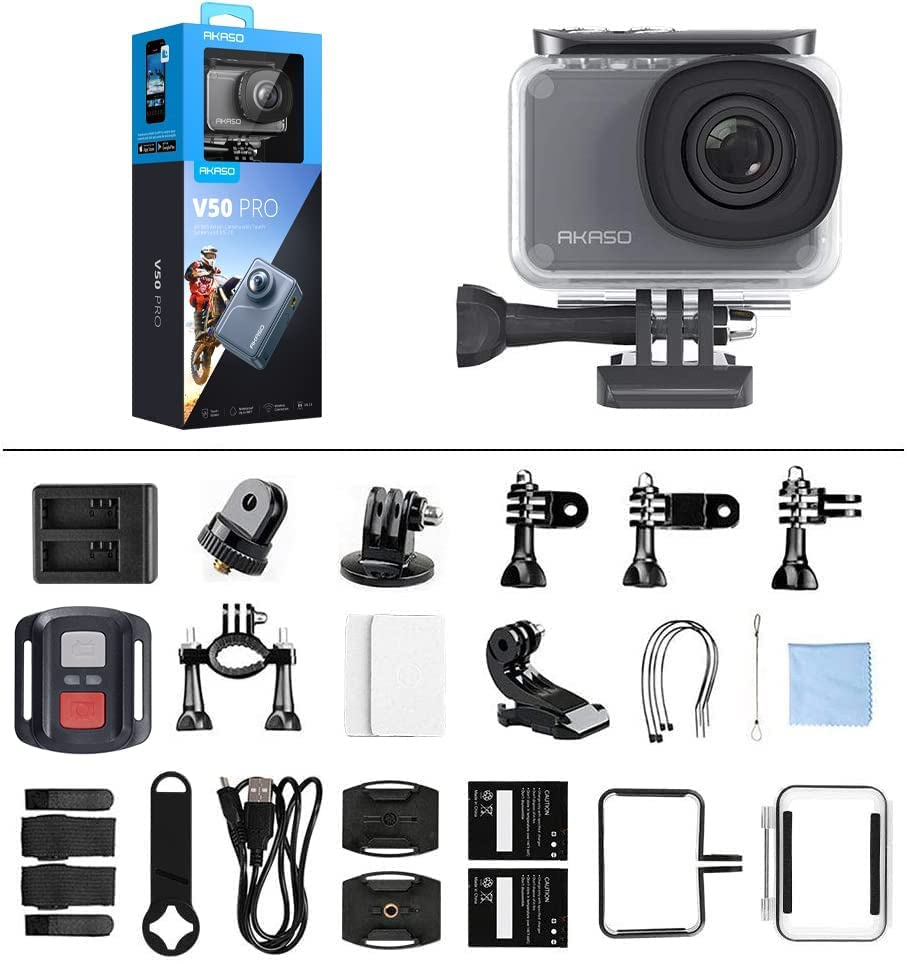 AKASO V50 Pro Native 4K30fps 20MP WiFi Action Camera with EIS Touch Screen 98 feet Waterproof Camera Support External Mic Remote Control with Helmet Accessories Kit