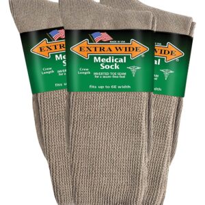 Extra Wide Medical Mid Calf Crew (Pack of 3), Diabetic Socks, Made in USA, for Men and Women (Small, Tan)