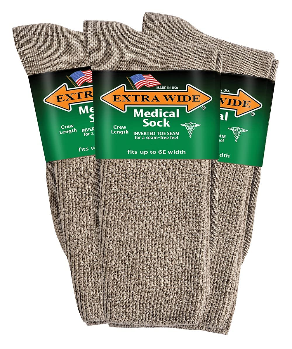 Extra Wide Medical Mid Calf Crew (Pack of 3), Diabetic Socks, Made in USA, for Men and Women (Small, Tan)