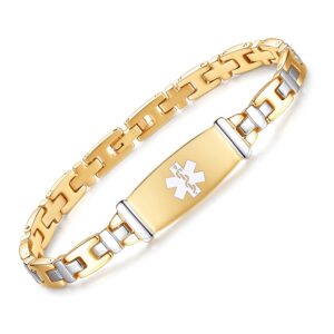 fashion lady stainless steel medical alert id bracelets with free engraving (gold-6.5 in)