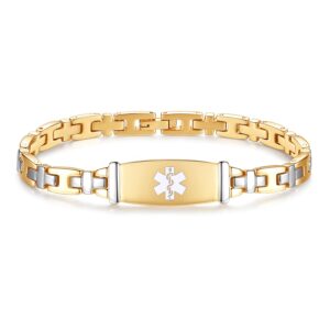 Fashion Lady Stainless steel Medical Alert id Bracelets with Free Engraving (Gold-6.5 in)