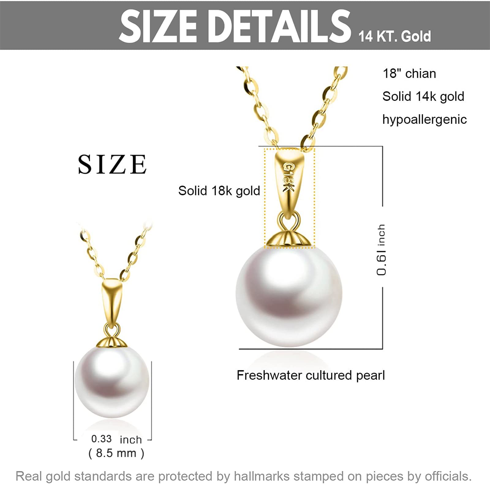 Real 14K Gold Pearl And Necklaces for Women, Gold Chain with Pendant, Gold Jewelry Gifts for Mom Wife, Mothers Day Present, 18" (Yellow)