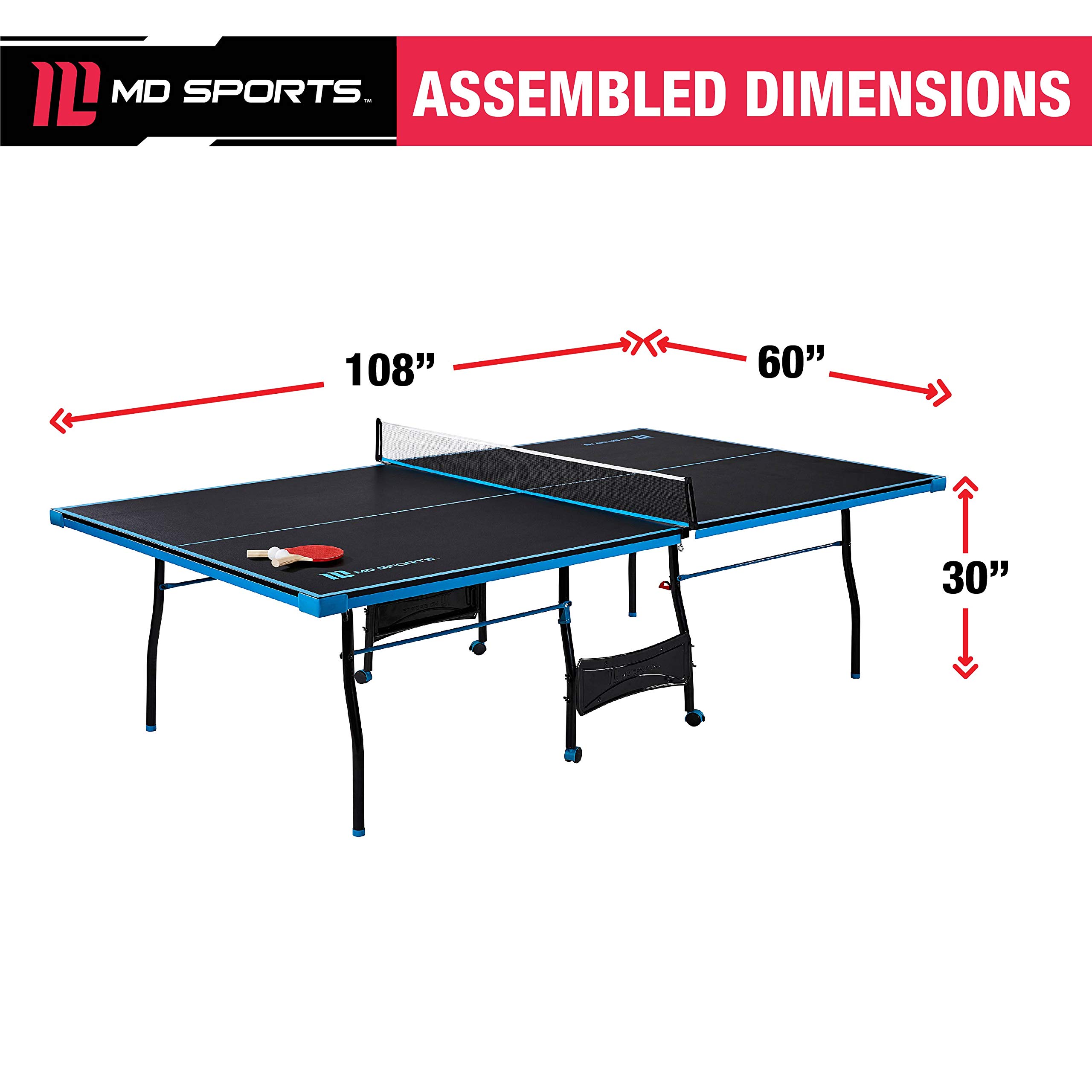 MD Sports Table Tennis Set, Regulation Ping Pong Table with Net, Paddles and Balls (8 Pieces) - Black & Light Blue