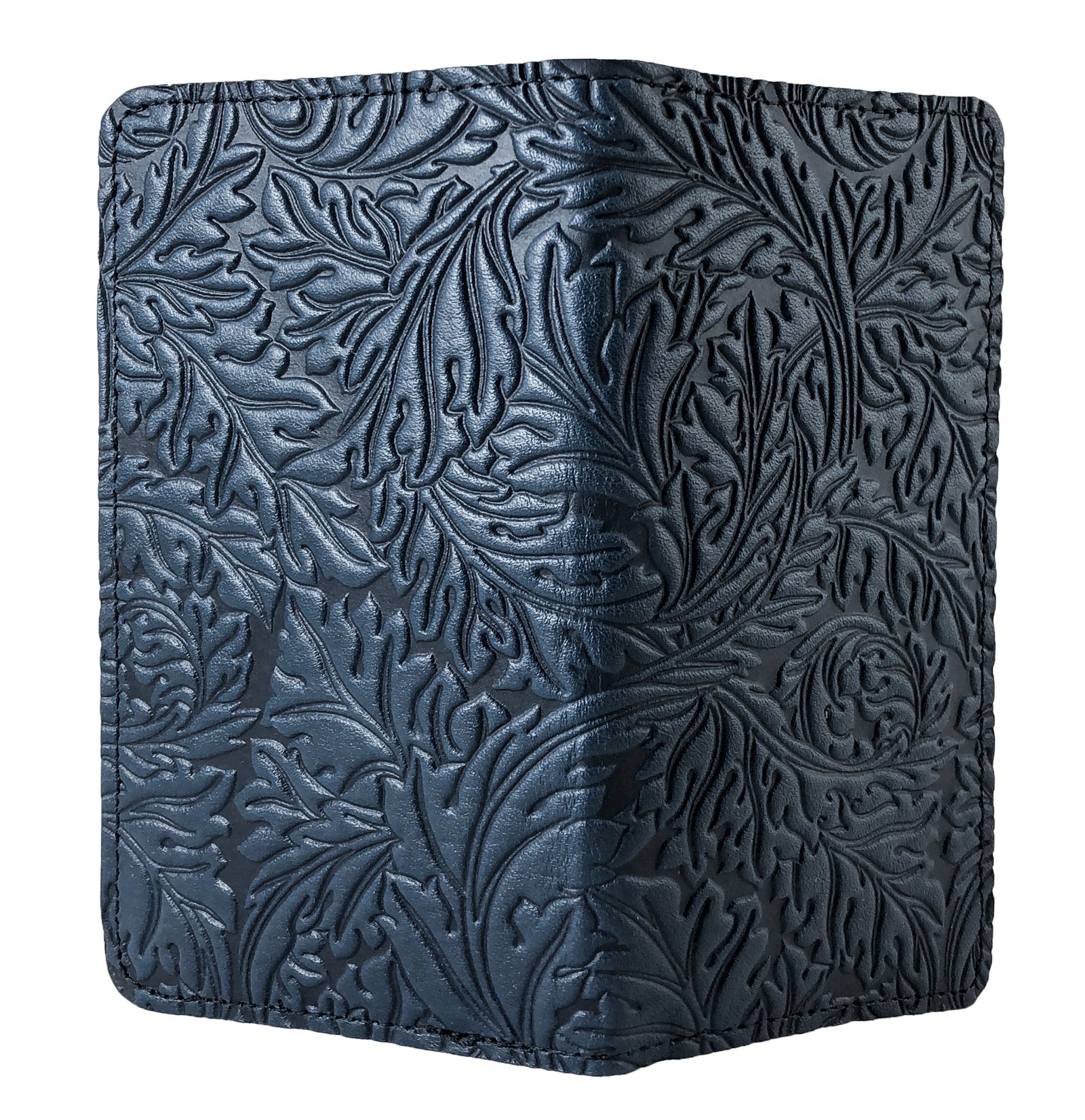 Oberon Design Acanthus Leaf Embossed Genuine Leather Checkbook Cover, 3.5x6.5 Inches, Navy Blue, Made in the USA