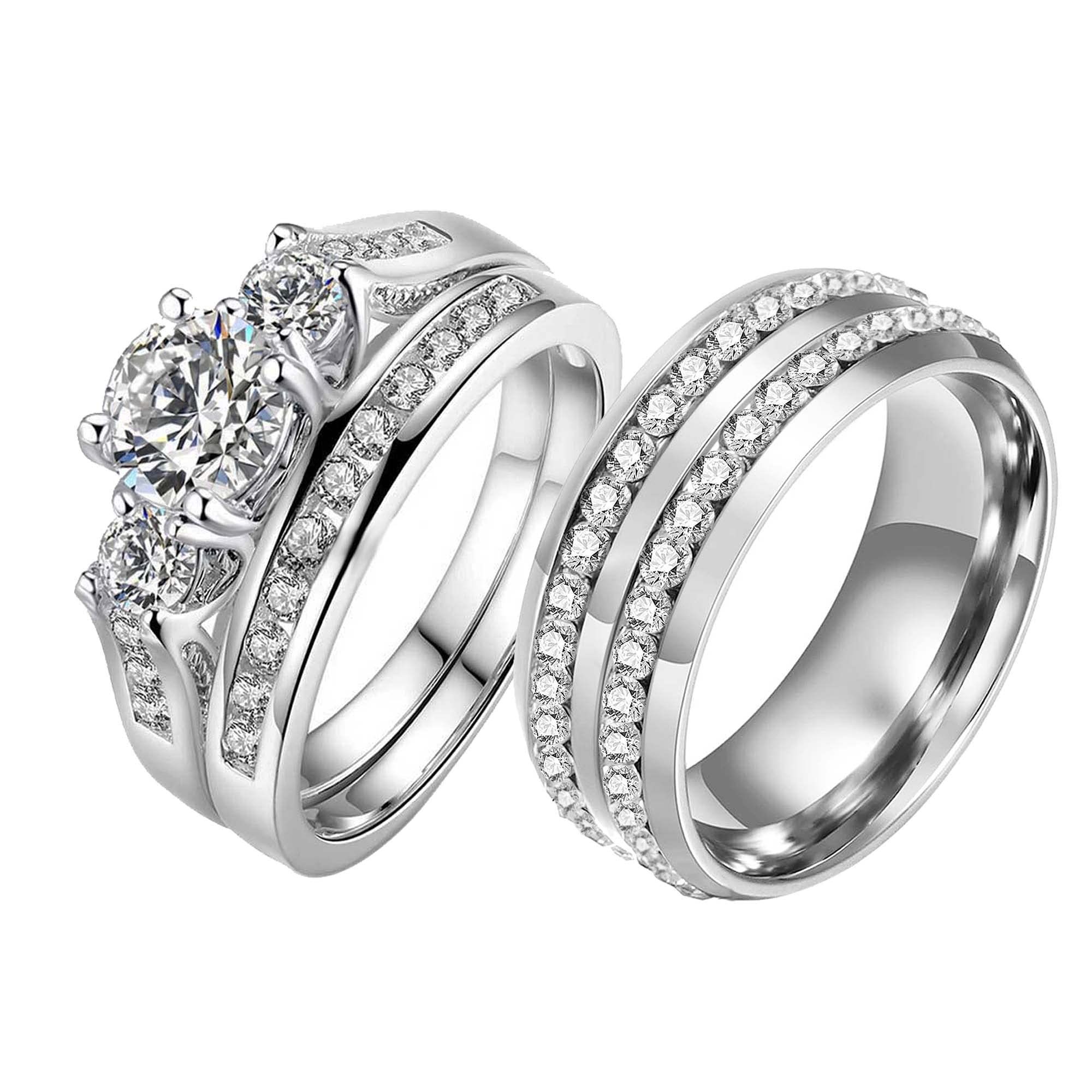 LOVERSRING Couple Ring Bridal Set His Hers White Gold Plated CZ Stainless Steel Wedding Ring Band Set