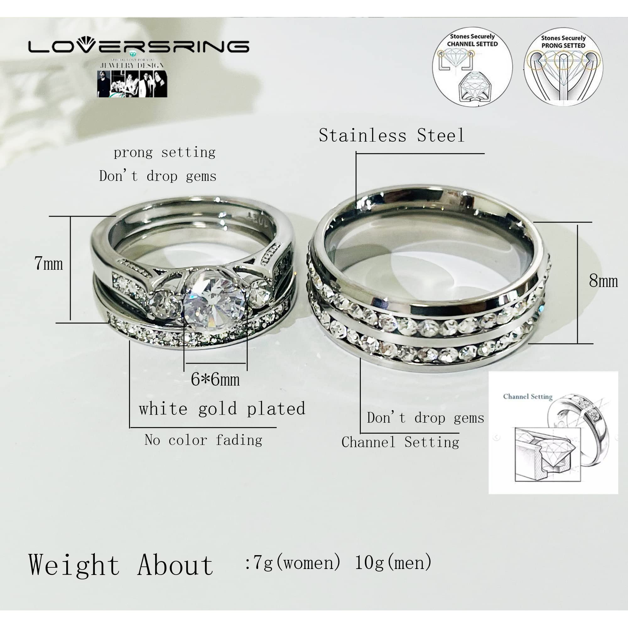 LOVERSRING Couple Ring Bridal Set His Hers White Gold Plated CZ Stainless Steel Wedding Ring Band Set