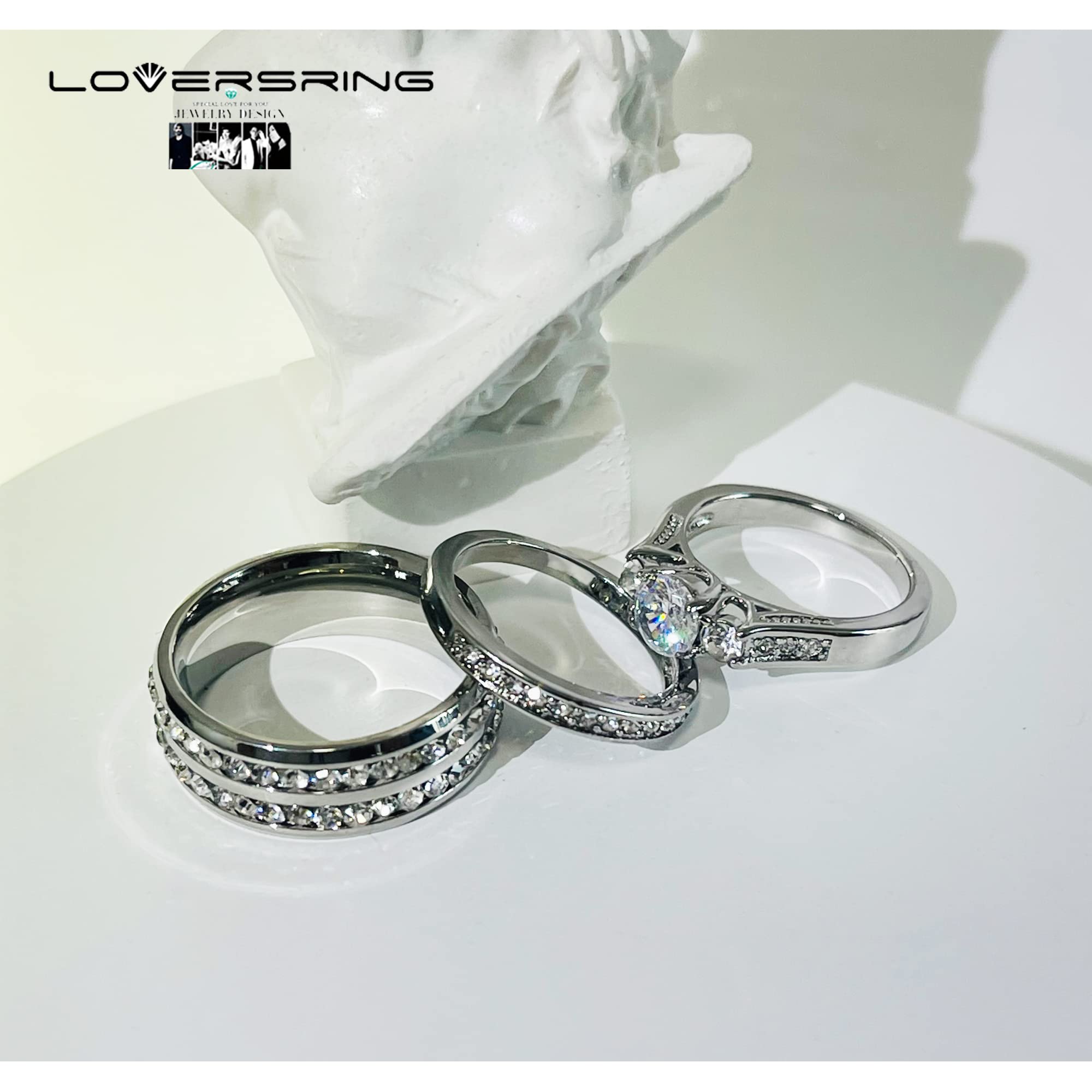 LOVERSRING Couple Ring Bridal Set His Hers White Gold Plated CZ Stainless Steel Wedding Ring Band Set